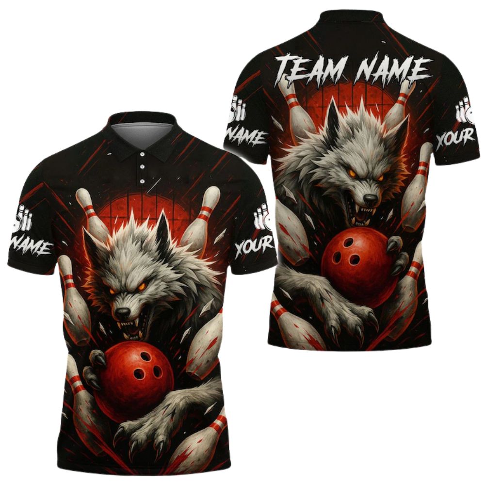 Custom Black Red Wolf Bowling Polo Shirt Mens, Custom Wolf Bowling Shi ...