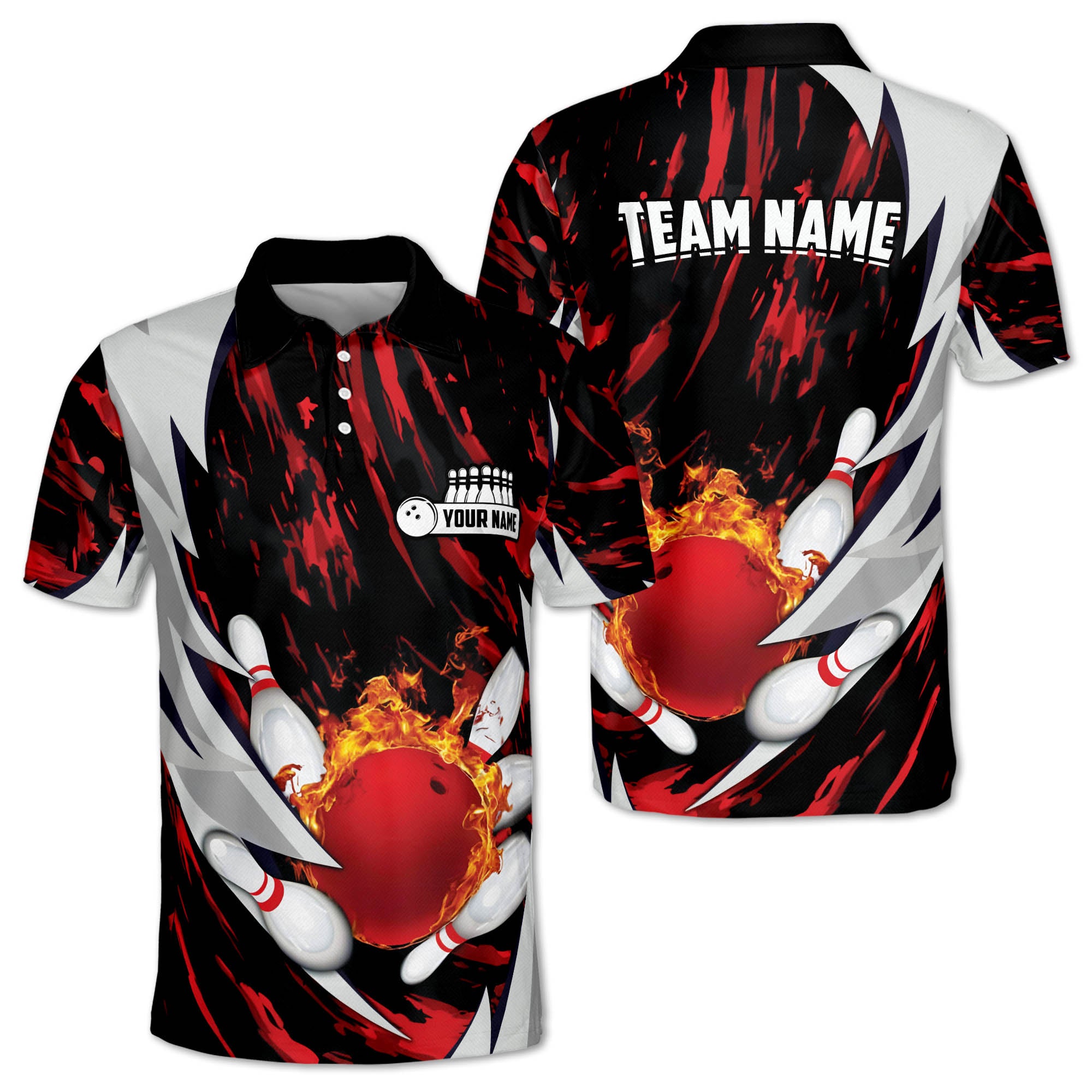Custom Red Ball Flame Bowling Polo Shirt For Men, Custom Flame Bowling ...
