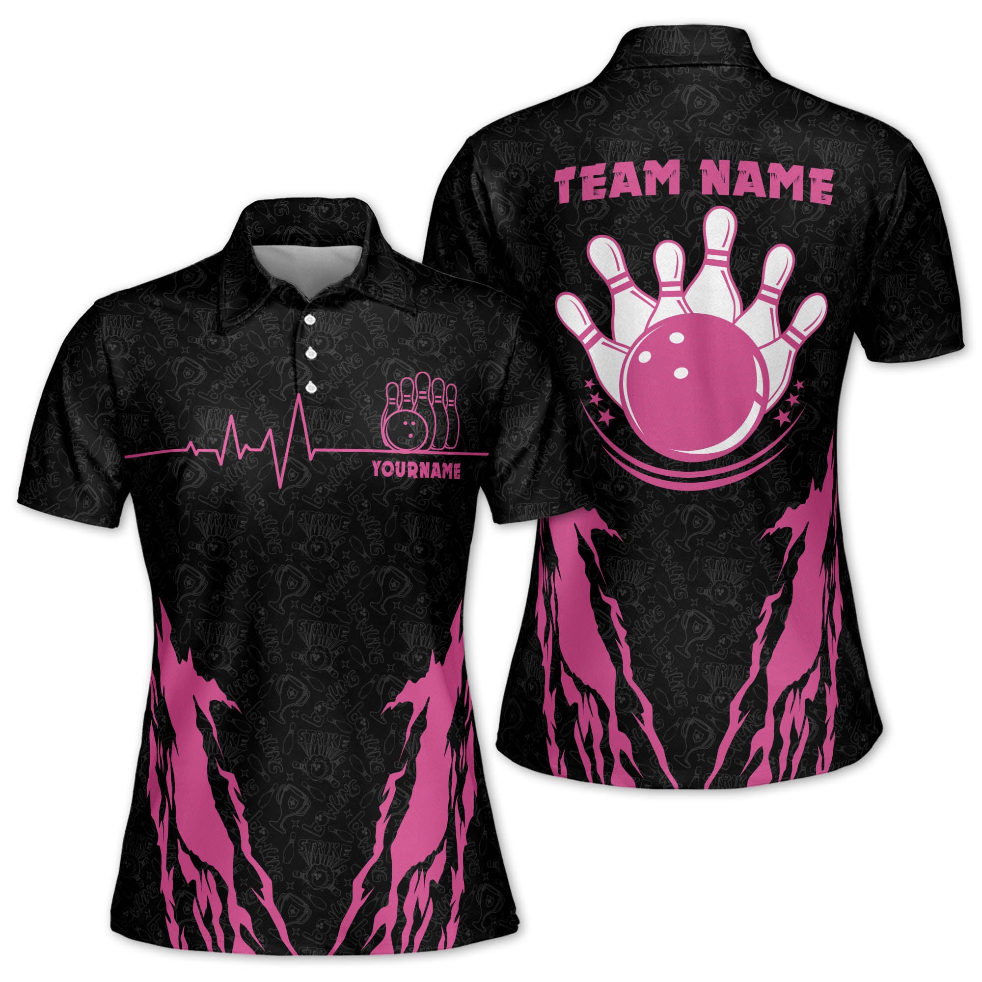 Custom Female Bowling Shirts, Custom Black And Pink Team Bowling Polo ...