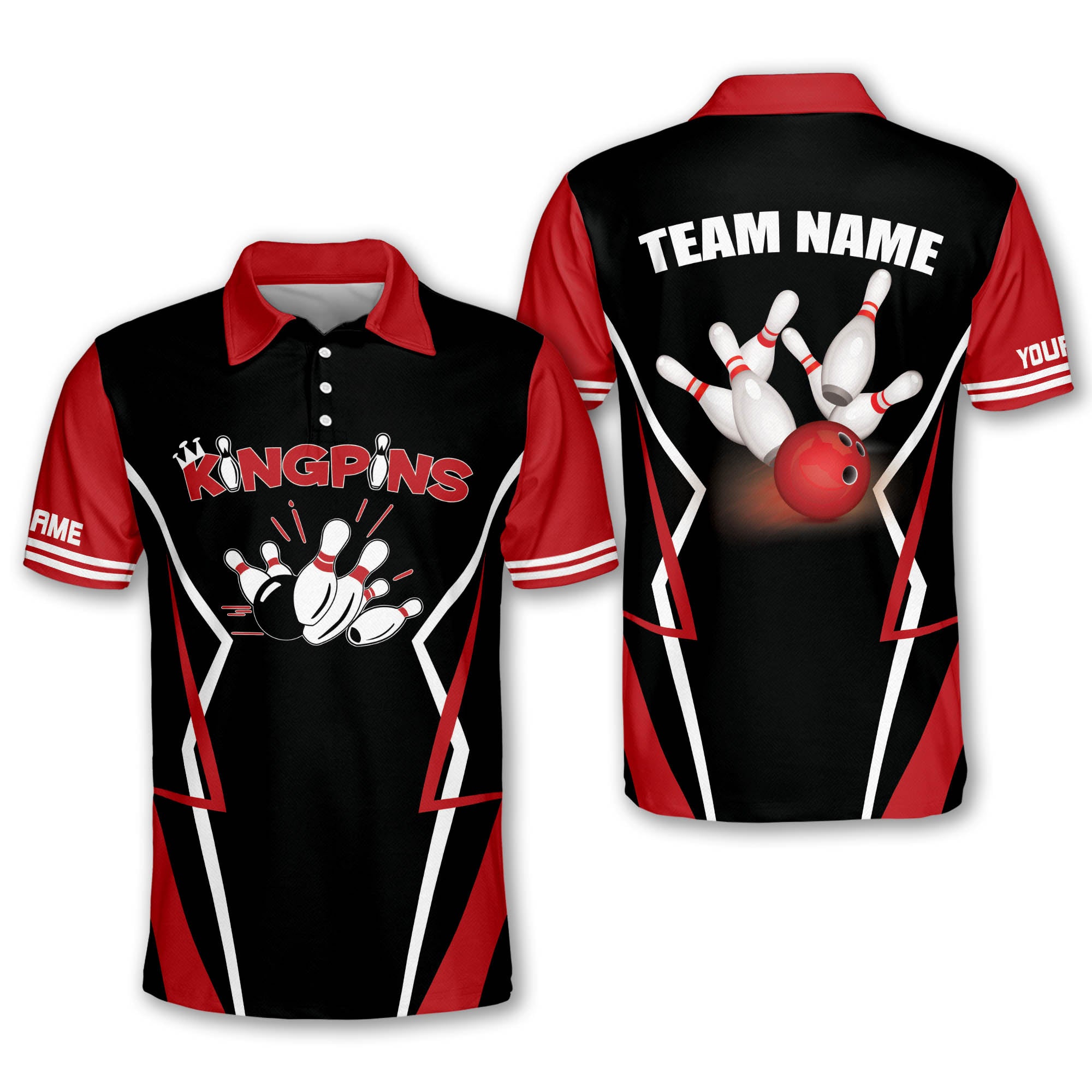 Custom King Pi­n Bowling Polo Shirt For Men, Custom Team Black And Red ...