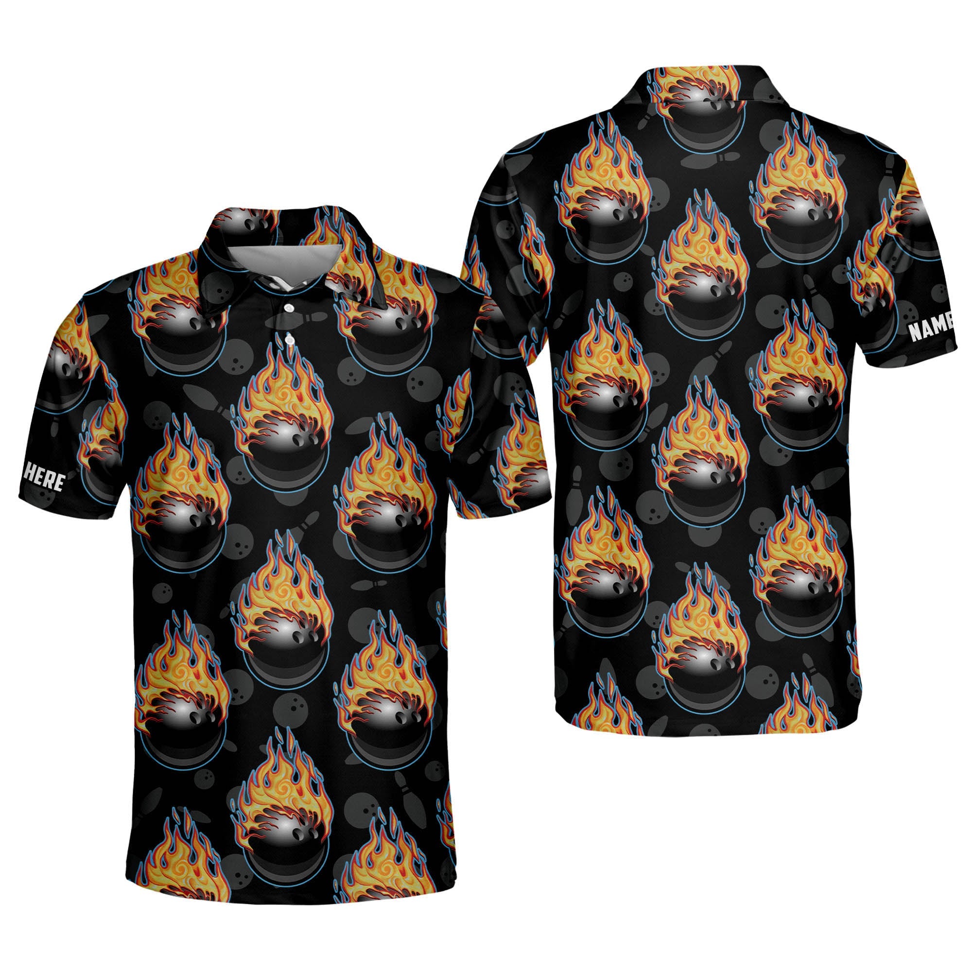 Custom Bowling Ball Flame Black Bowling Polo Shirt For Men, Custom Fla ...